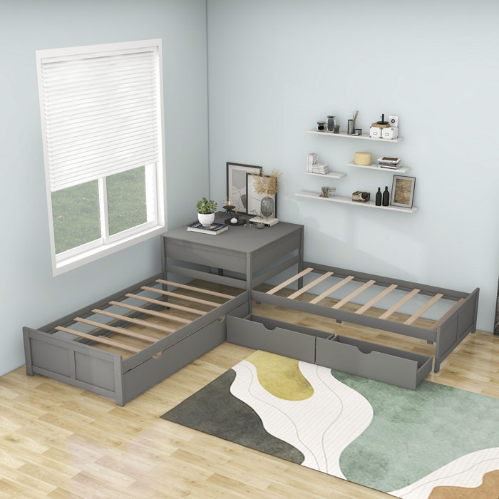Latitude Run® Twin Size L Shaped Platform Bed With Trundle And Two